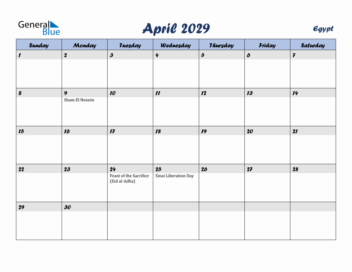 April 2029 Monthly Calendar Template with Holidays for Egypt