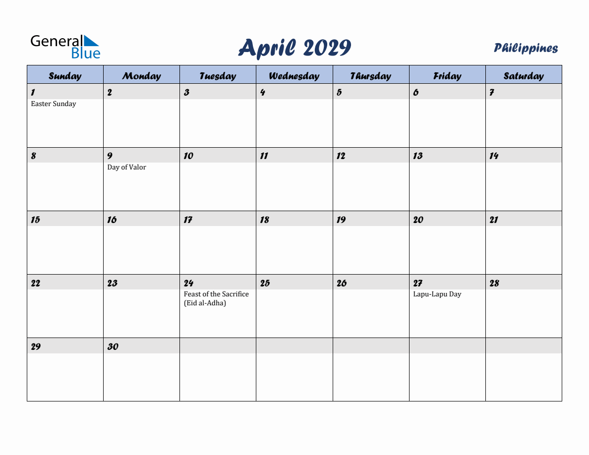 April 2029 Monthly Calendar Template with Holidays for Philippines