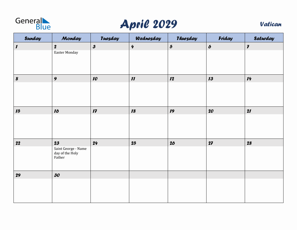April 2029 Monthly Calendar Template with Holidays for Vatican