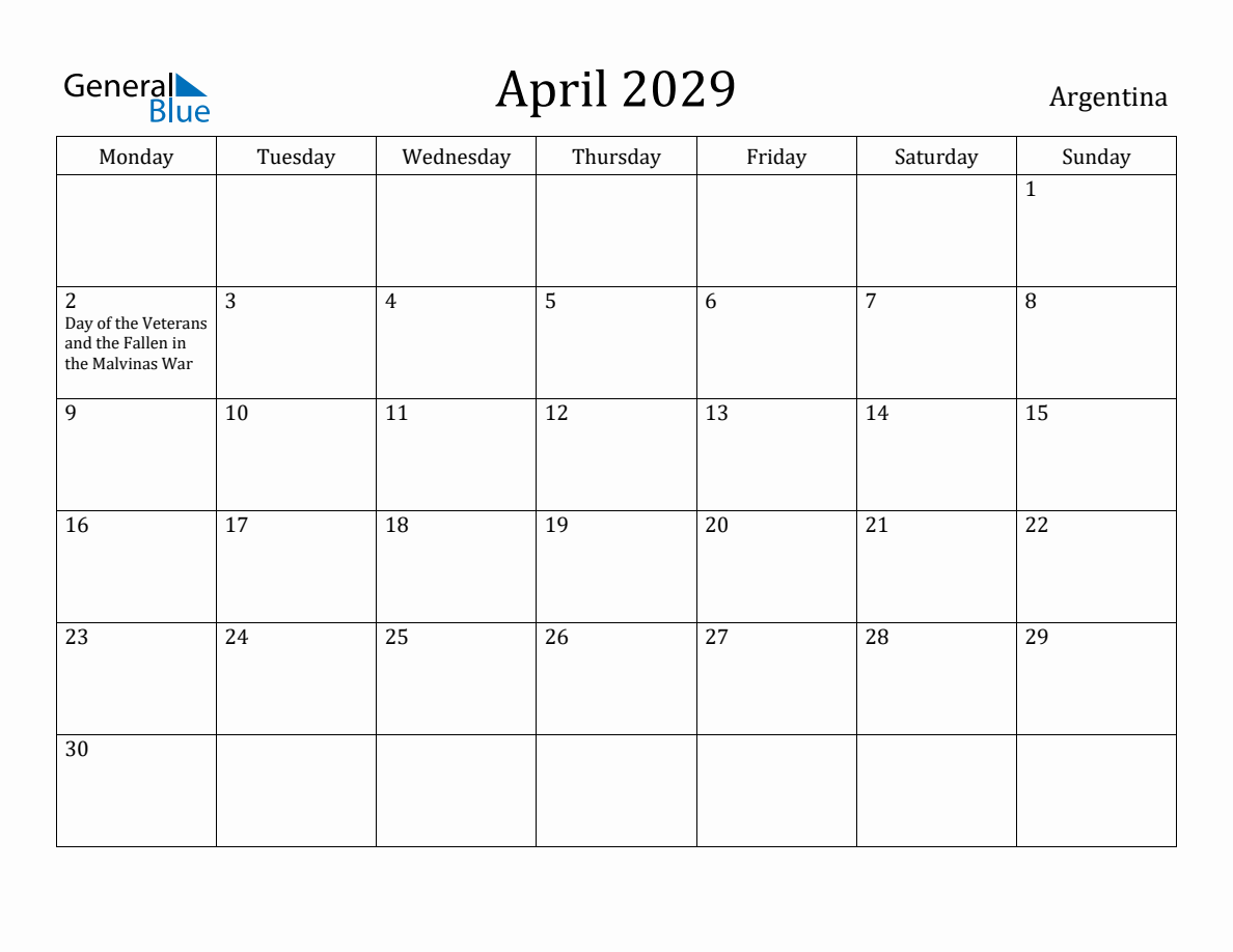 April 2029 Monthly Calendar with Argentina Holidays (Monday Start)