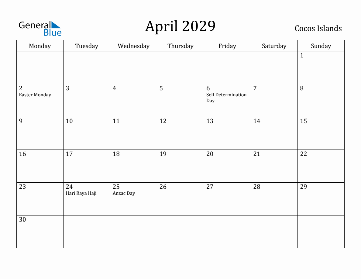 Cocos Islands Monthly Calendar - April 2029 (Monday Start)