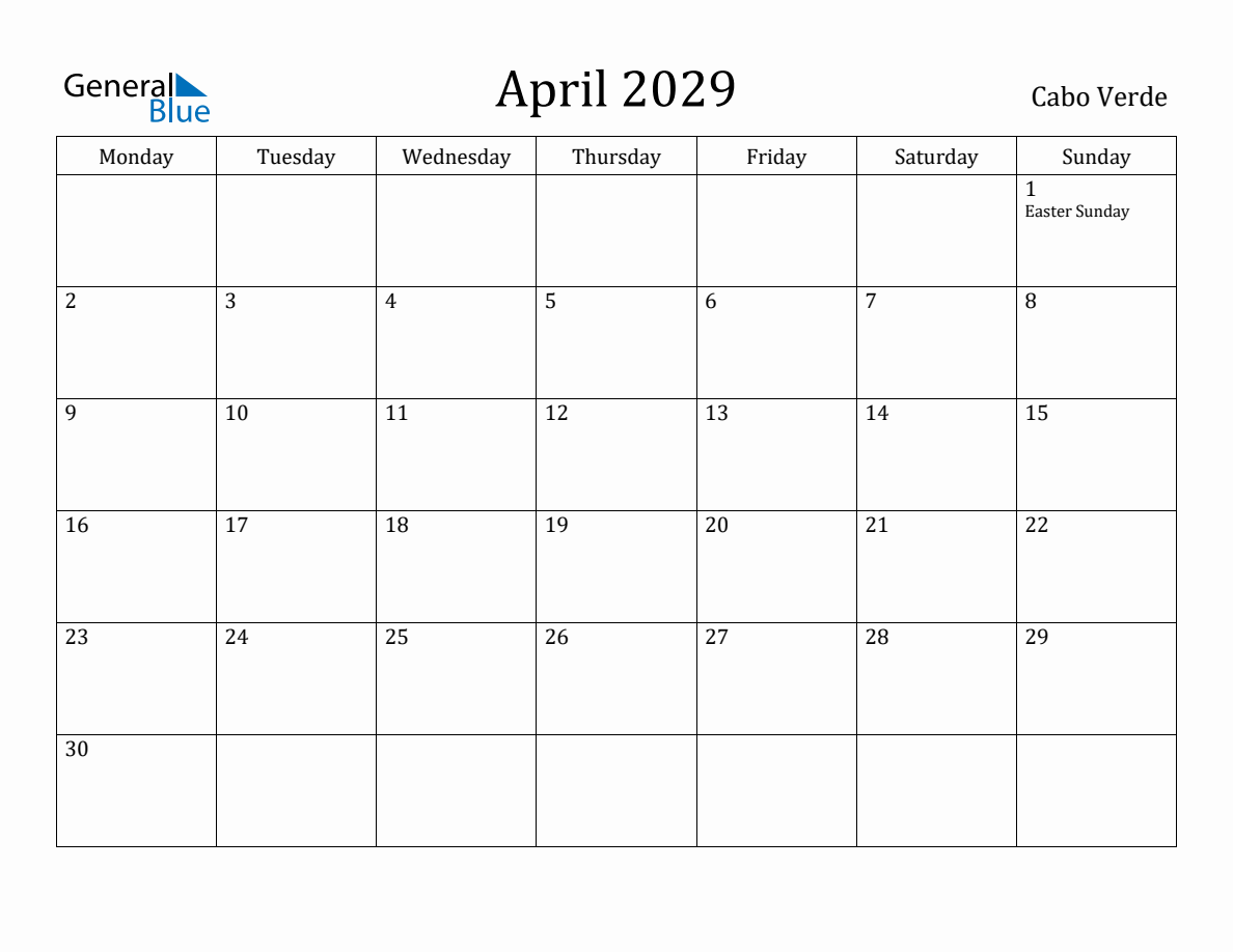 April 2029 Monthly Calendar with Cabo Verde Holidays (Monday Start)