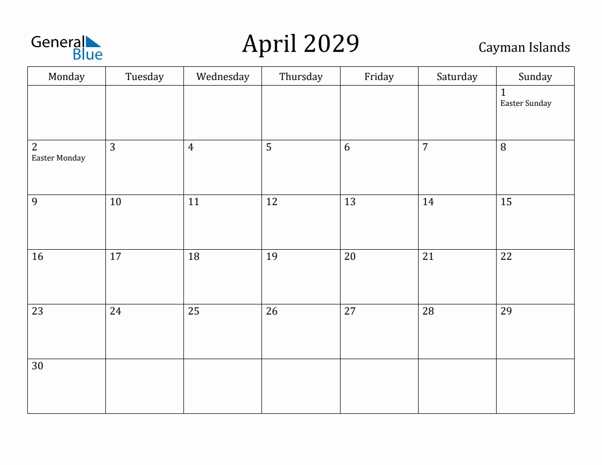 April 2029 Monthly Calendar with Cayman Islands Holidays (Monday Start)