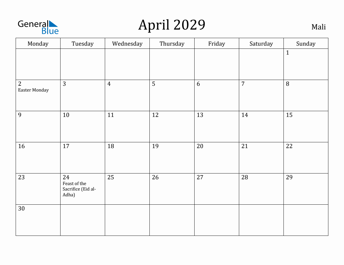 April 2029 Monthly Calendar with Mali Holidays (Monday Start)