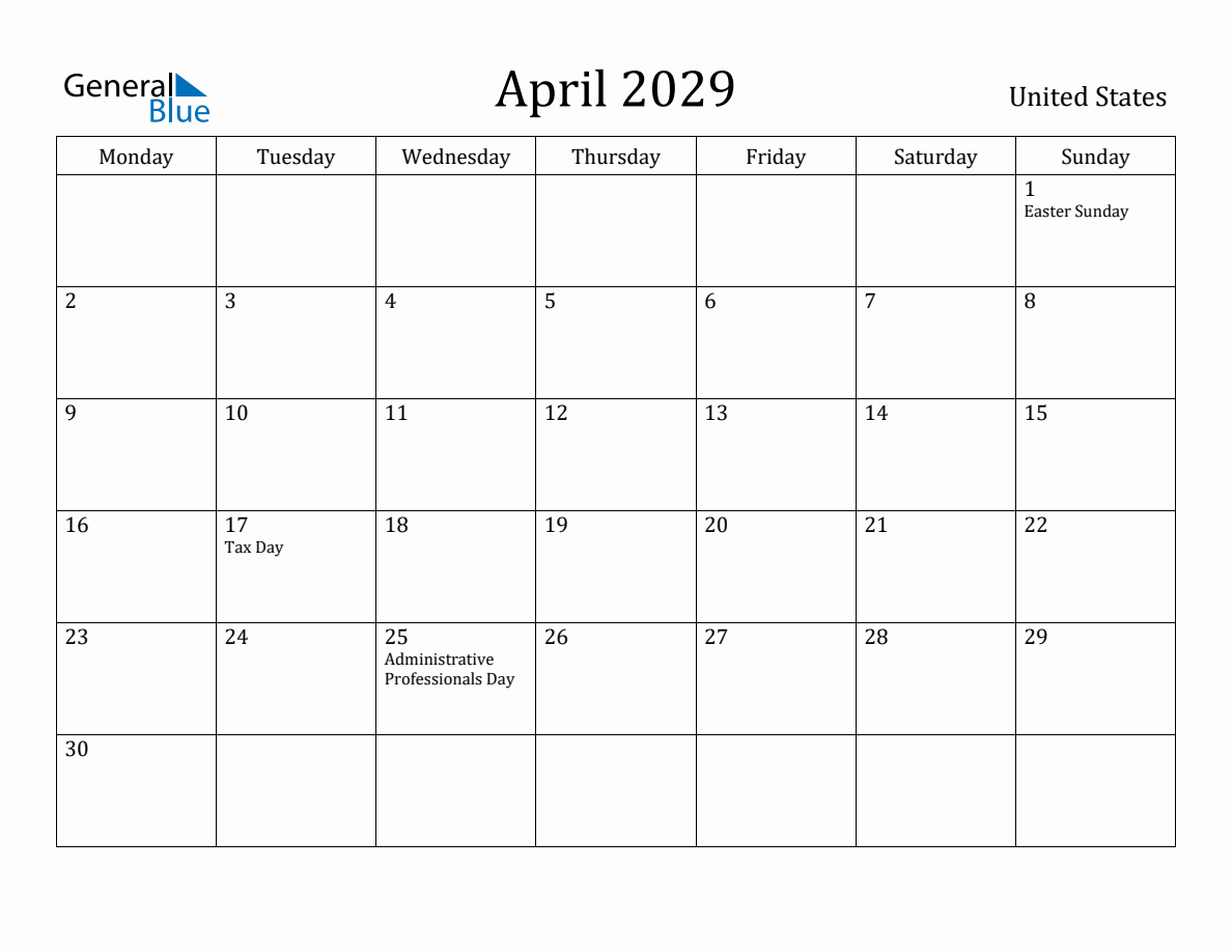 April 2029 Monthly Calendar with United States Holidays