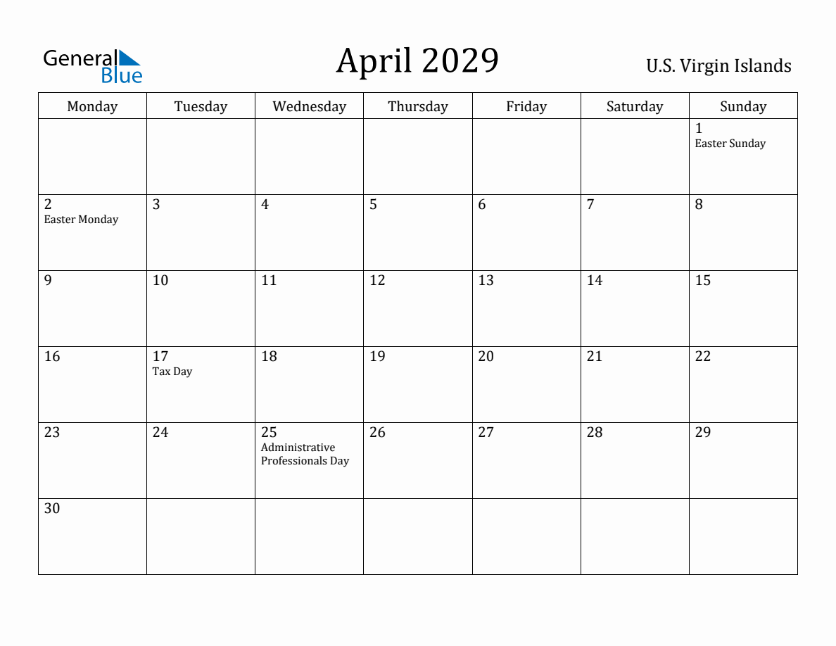 April 2029 Monthly Calendar with U.S. Virgin Islands Holidays (Monday ...
