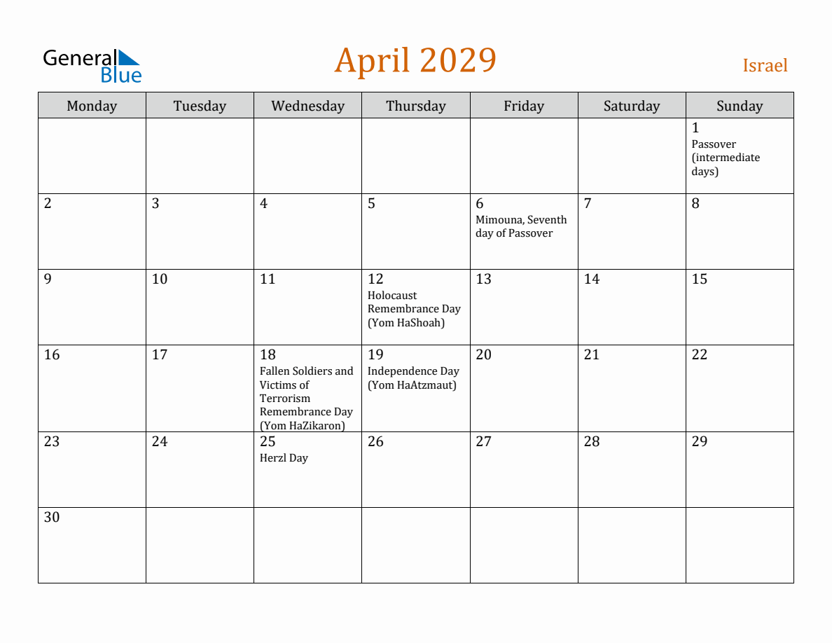 Free April 2029 Israel Calendar (Monday Start)