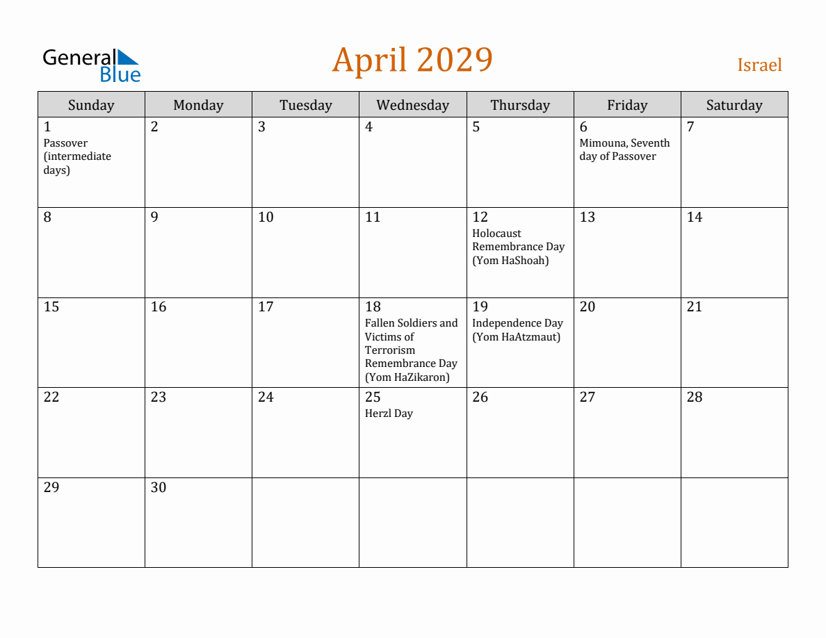 Free April 2029 Israel Calendar