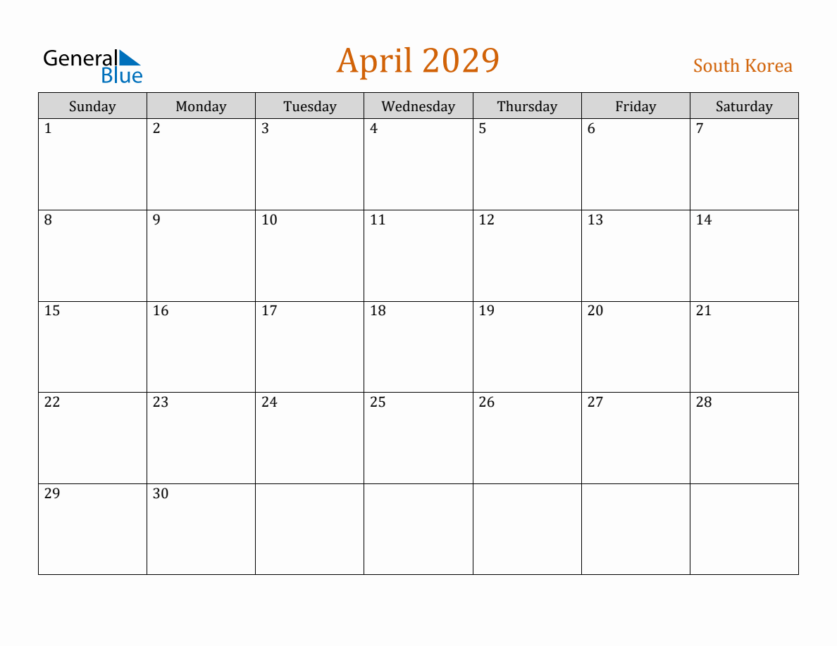 Free April 2029 South Korea Calendar