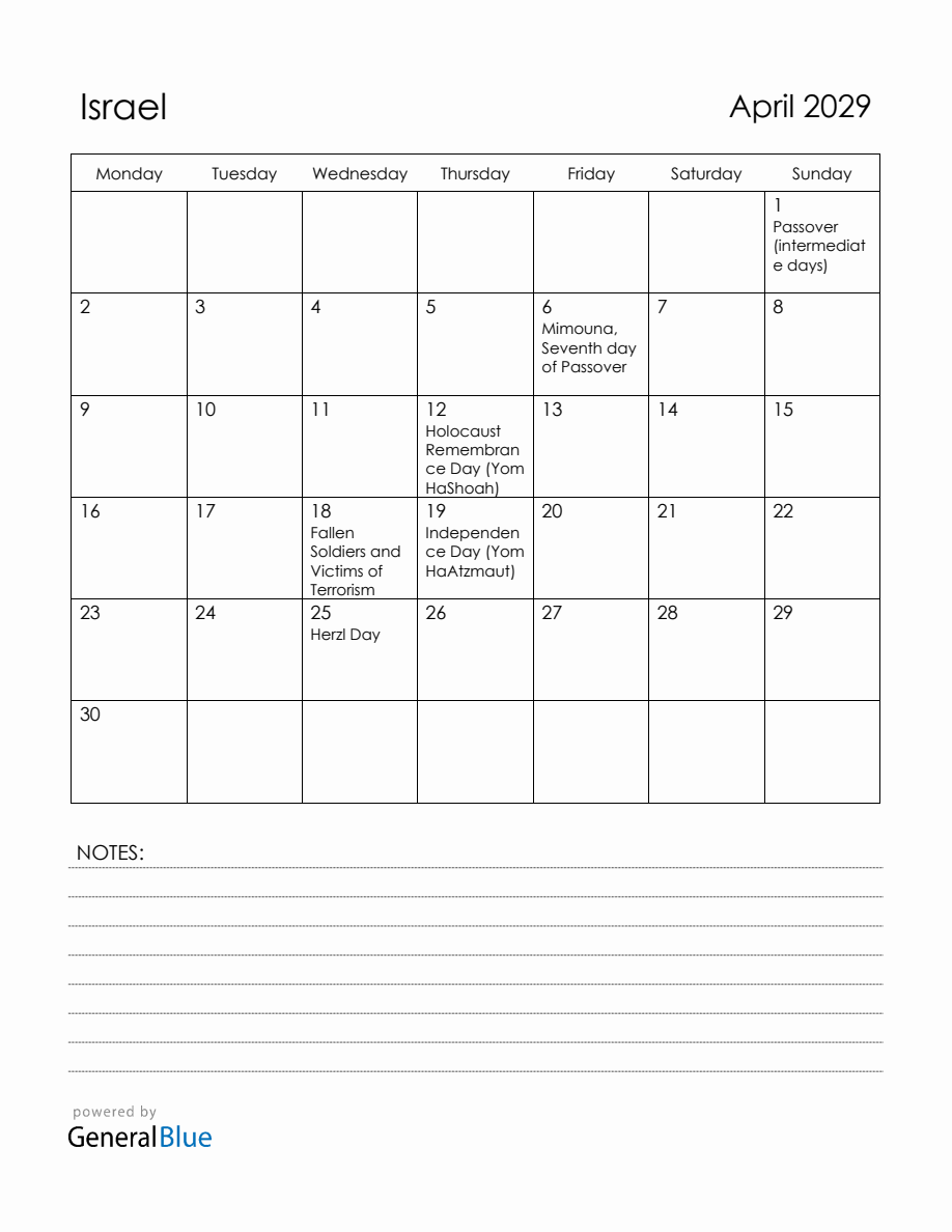 April 2029 Israel Calendar with Holidays (Monday Start)