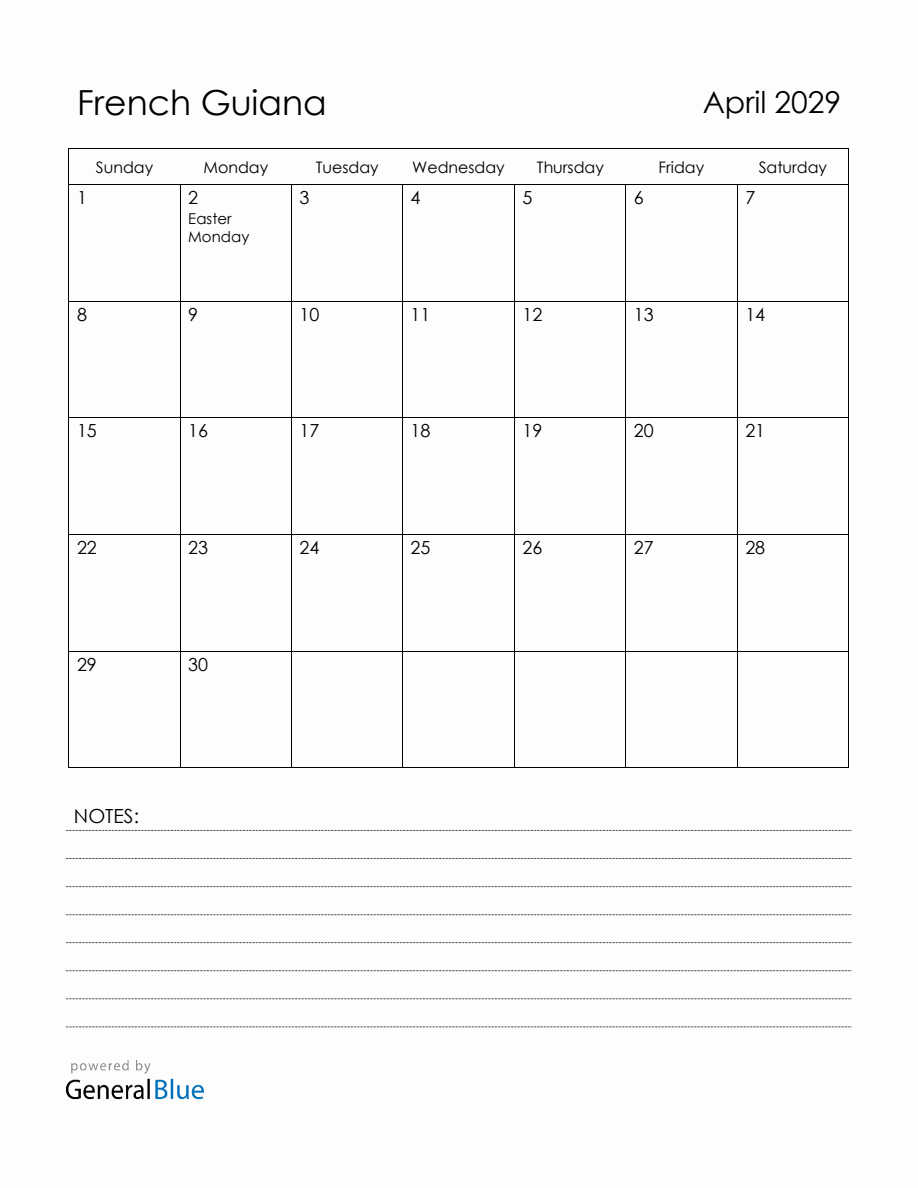 April 2029 French Guiana Calendar with Holidays