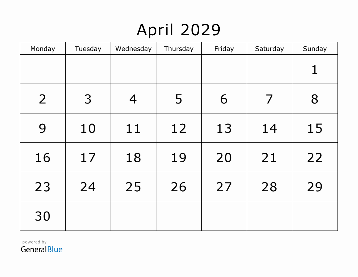 Printable April 2029 Calendar - Monday Start