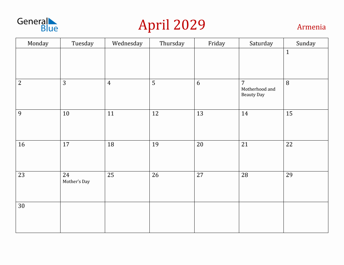 April 2029 Armenia Monthly Calendar with Holidays