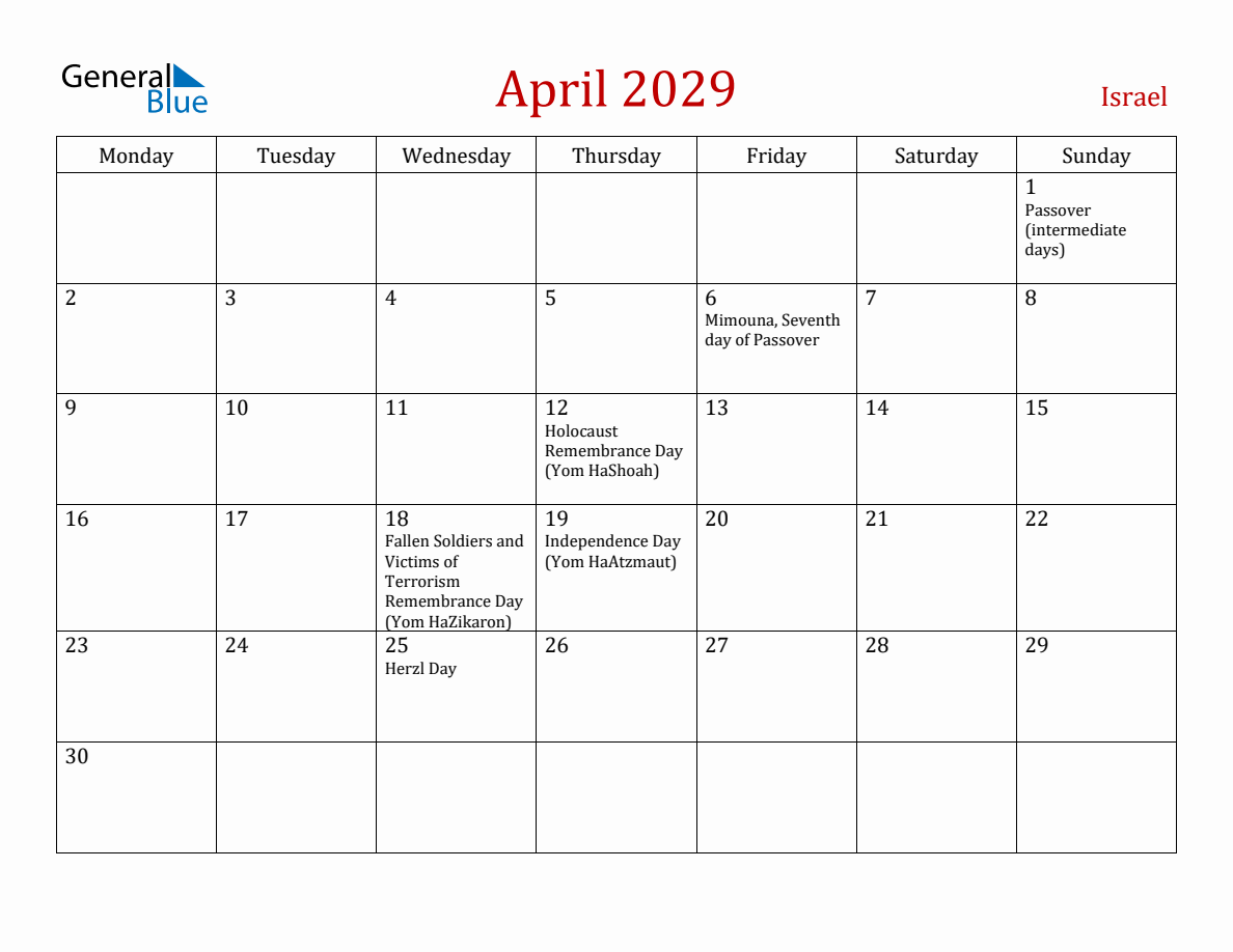 April 2029 Israel Monthly Calendar with Holidays (Monday Start)