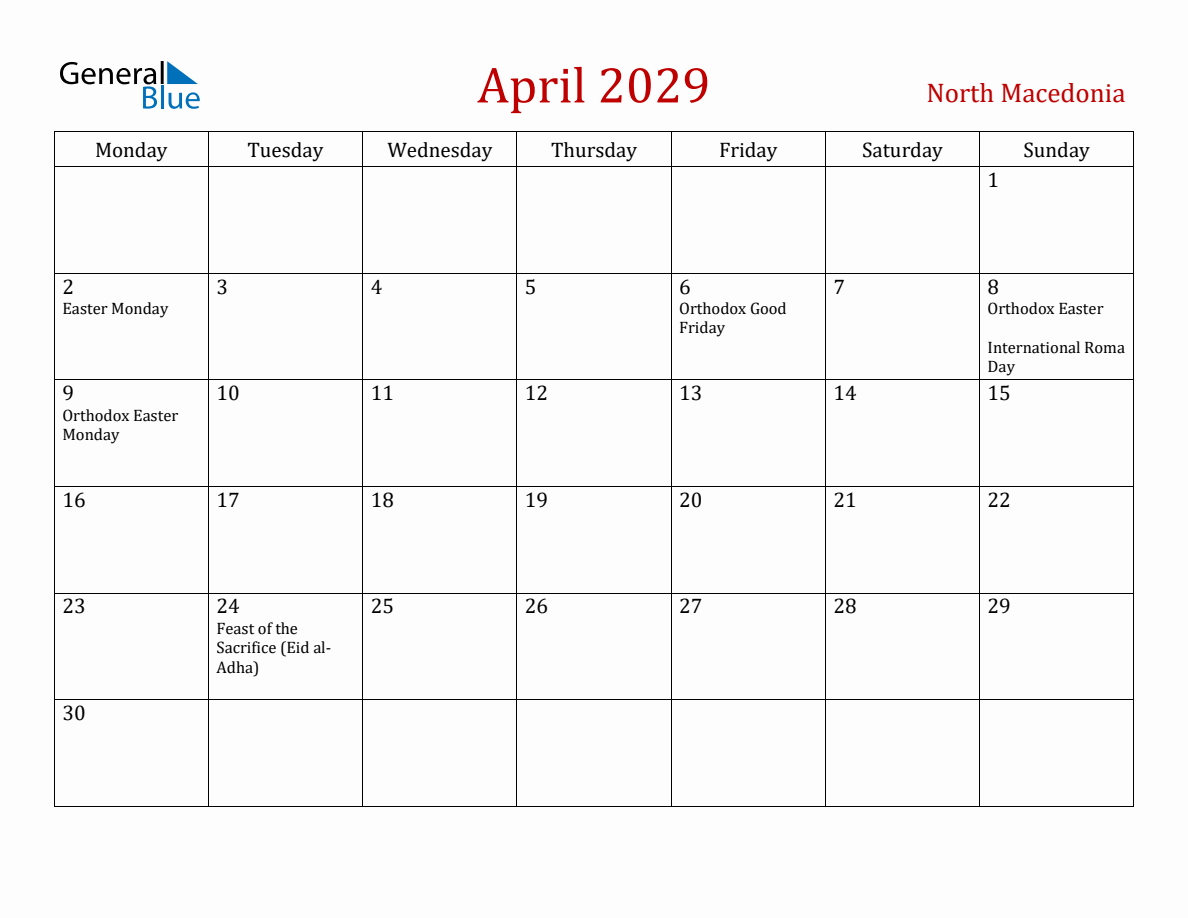 April 2029 North Macedonia Monthly Calendar with Holidays (Monday Start)