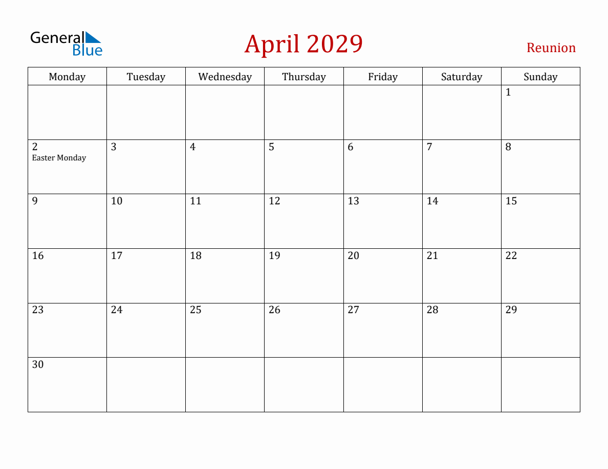 April 2029 Reunion Monthly Calendar with Holidays (Monday Start)