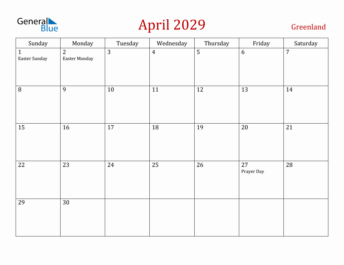 April 2029 Greenland Monthly Calendar with Holidays