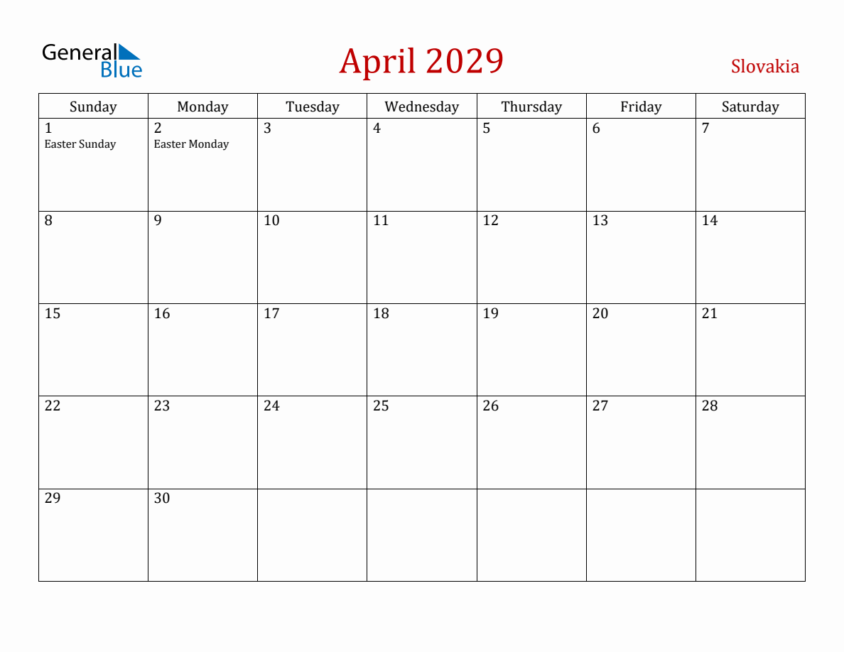 April 2029 Slovakia Monthly Calendar with Holidays