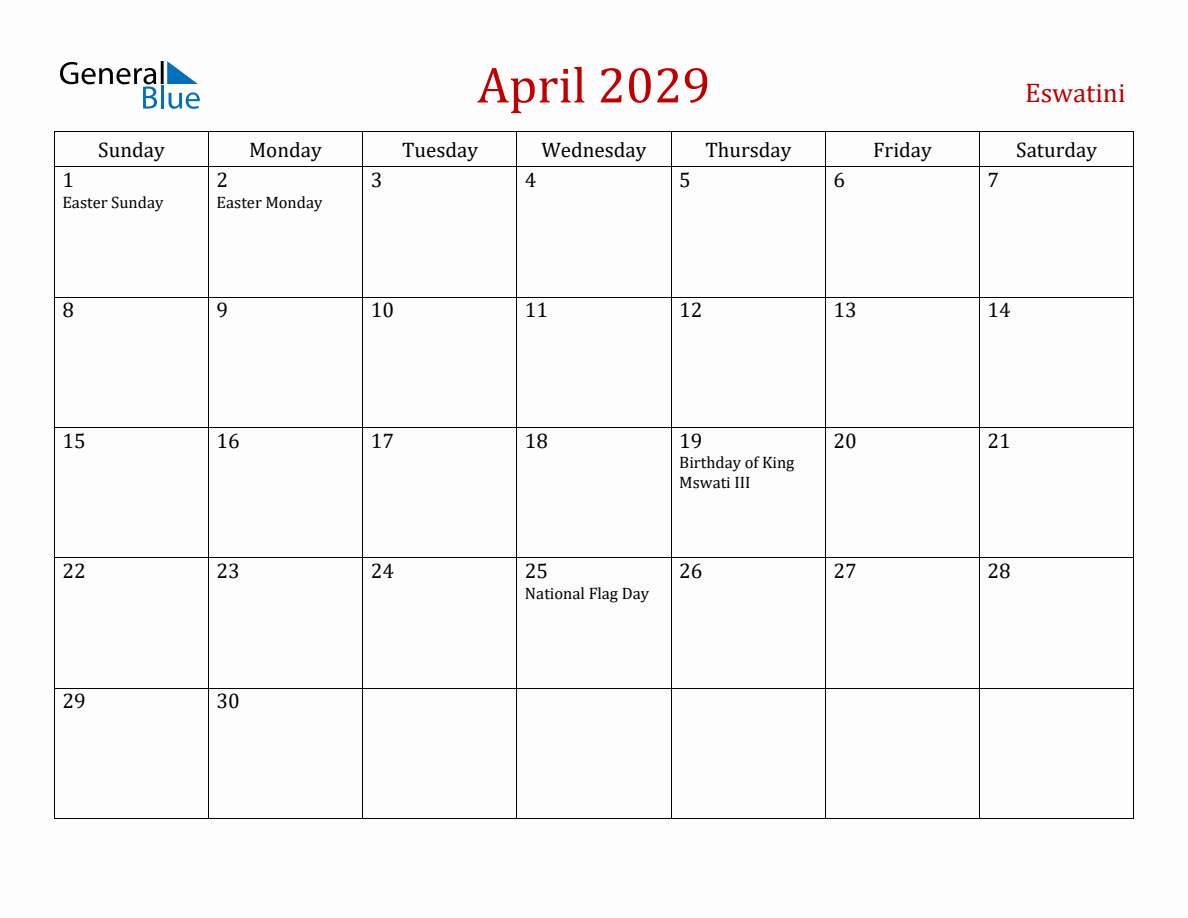 April 2029 Eswatini Monthly Calendar with Holidays