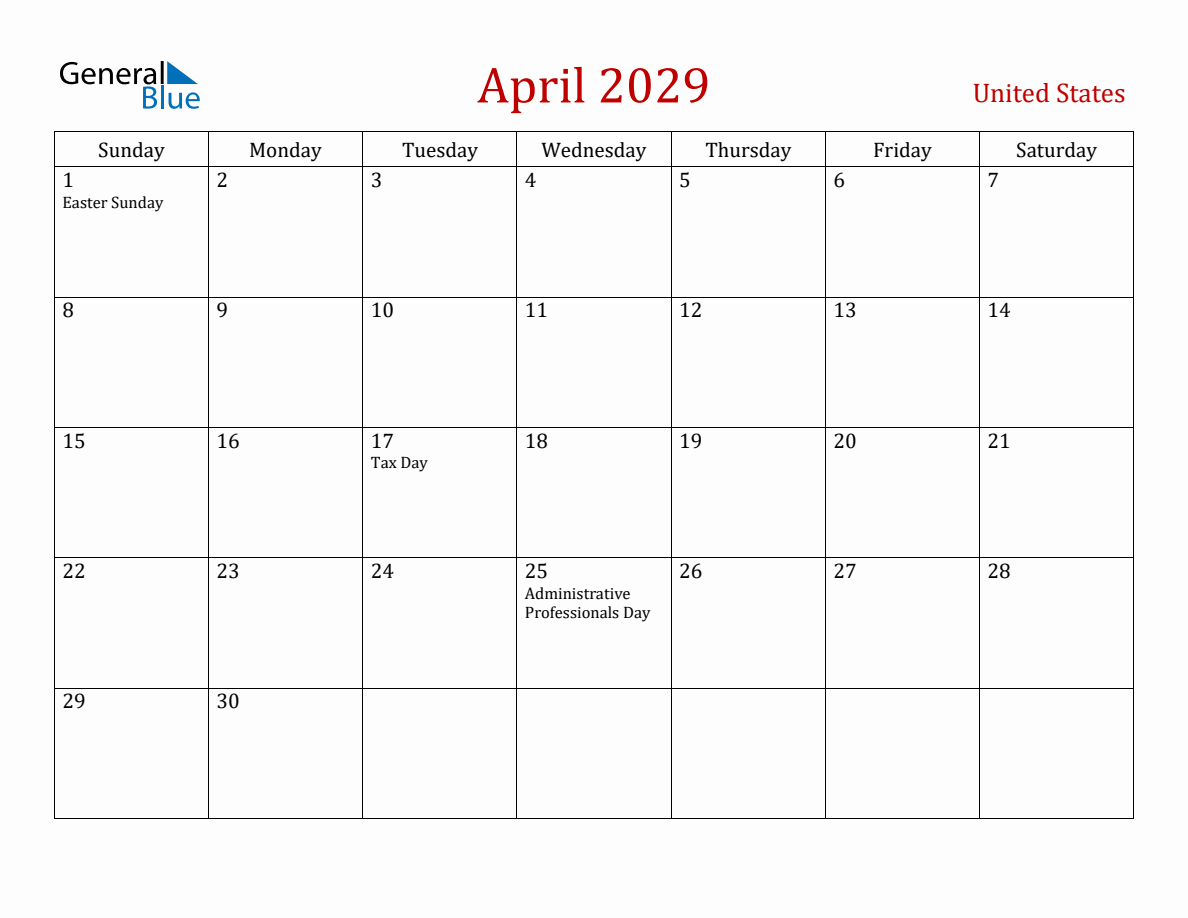 April 2029 United States Monthly Calendar with Holidays