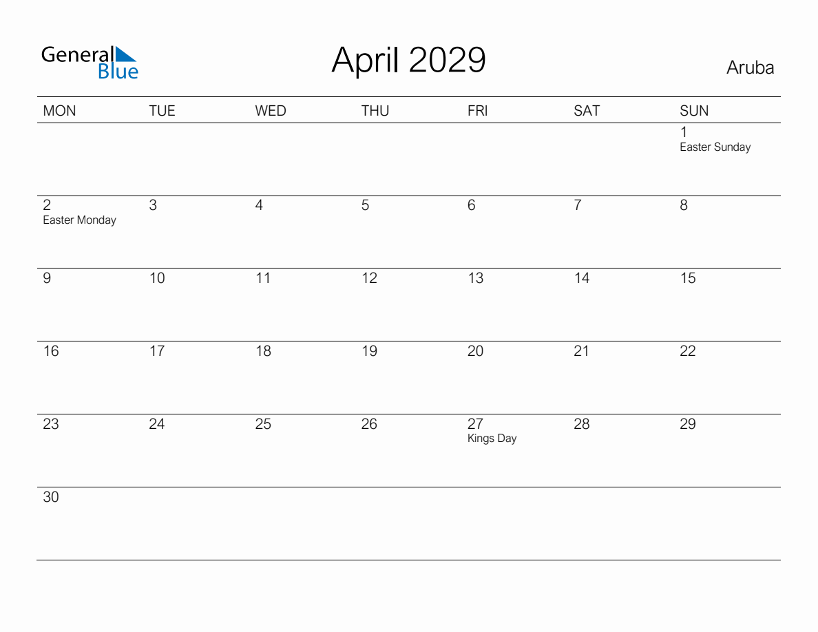 Printable April 2029 Monthly Calendar with Holidays for Aruba (Monday ...