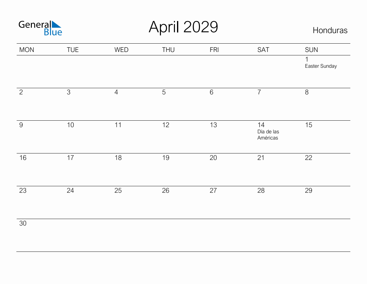 Printable April 2029 Monthly Calendar with Holidays for Honduras