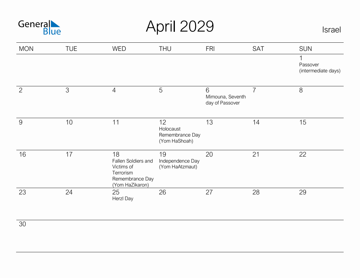 Printable April 2029 Monthly Calendar with Holidays for Israel (Monday ...