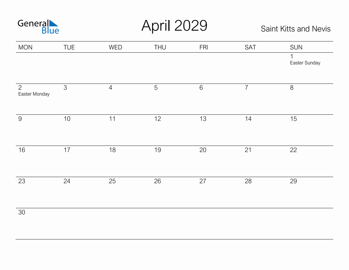 Printable April 2029 Monthly Calendar with Holidays for Saint Kitts and ...