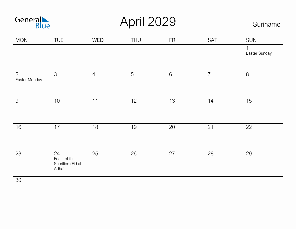 Printable April 2029 Monthly Calendar with Holidays for Suriname ...