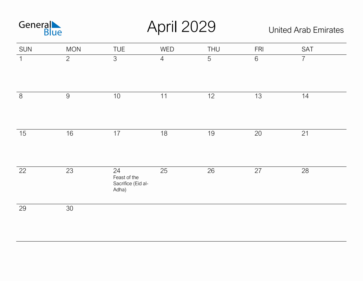Printable April 2029 Monthly Calendar with Holidays for United Arab ...