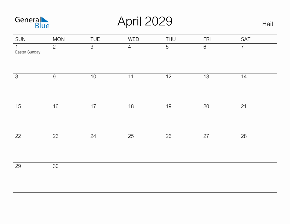 Printable April 2029 Monthly Calendar with Holidays for Haiti