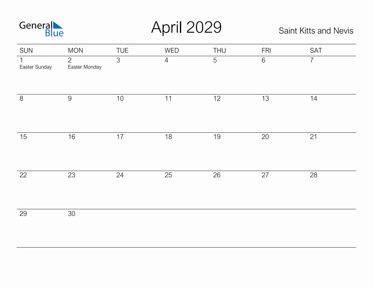 Printable April 2029 Monthly Calendar with Holidays for Saint Kitts and ...