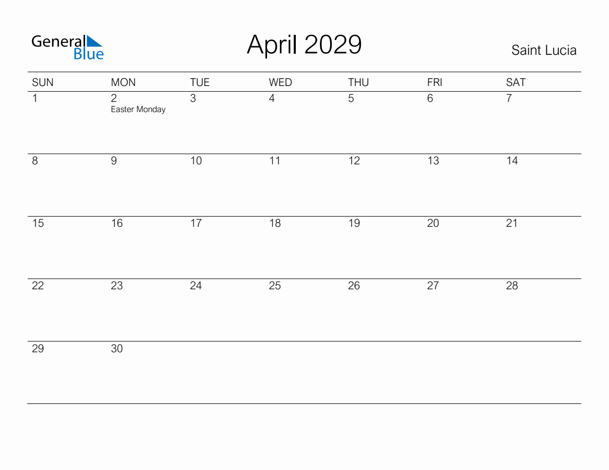 Printable April 2029 Monthly Calendar with Holidays for Saint Lucia