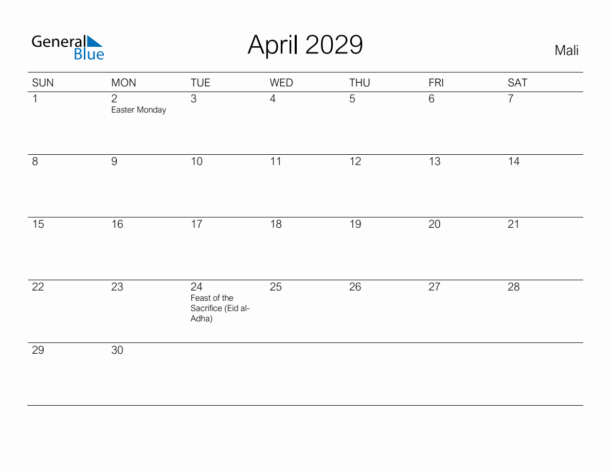 Printable April 2029 Monthly Calendar with Holidays for Mali