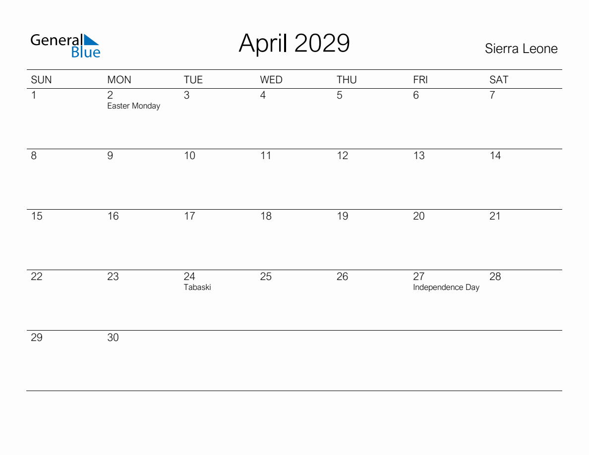 Printable April 2029 Monthly Calendar with Holidays for Sierra Leone