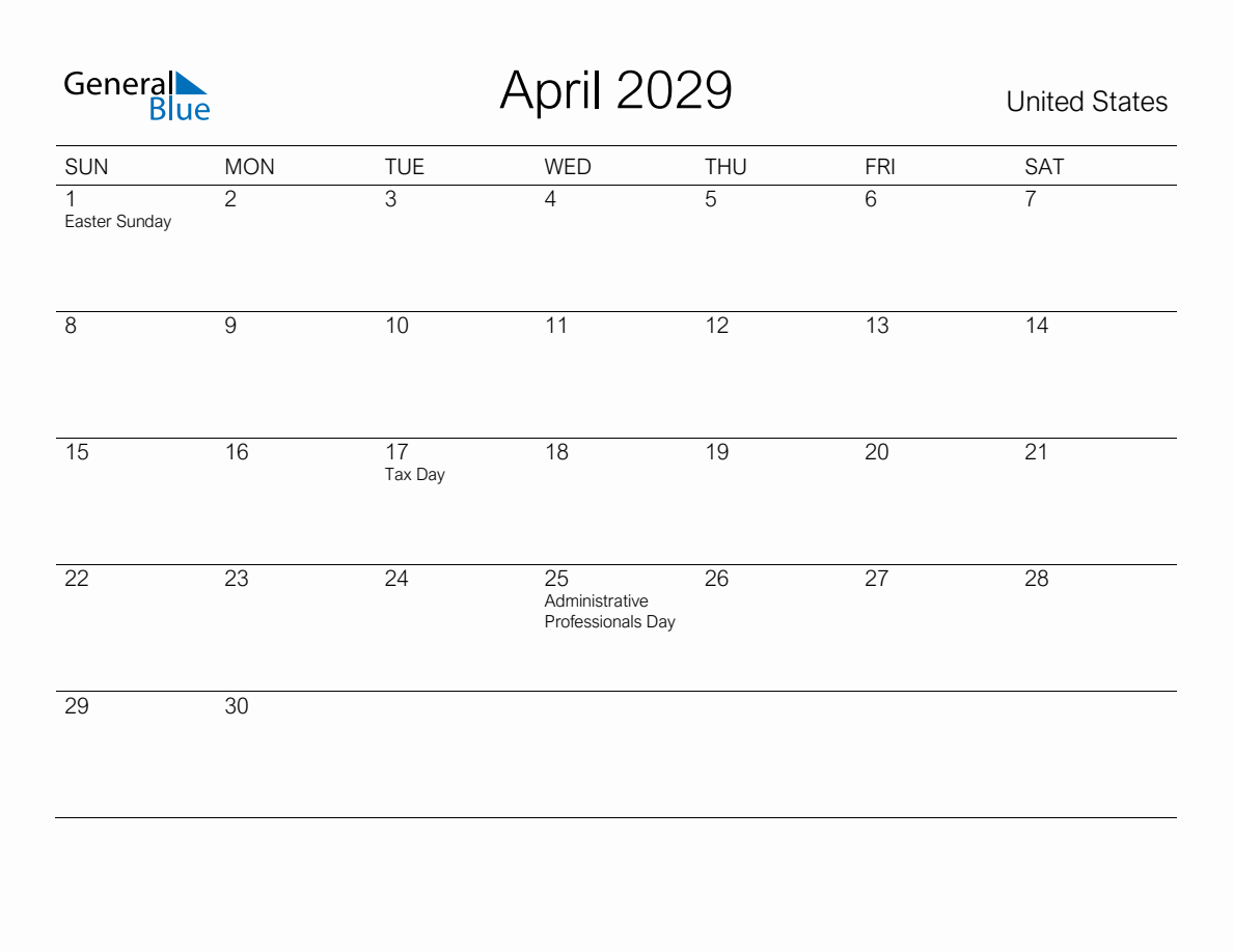 Printable April 2029 Monthly Calendar with Holidays for United States