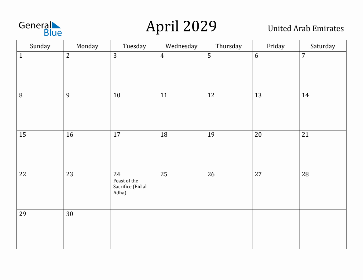 April 2029 Monthly Calendar with United Arab Emirates Holidays