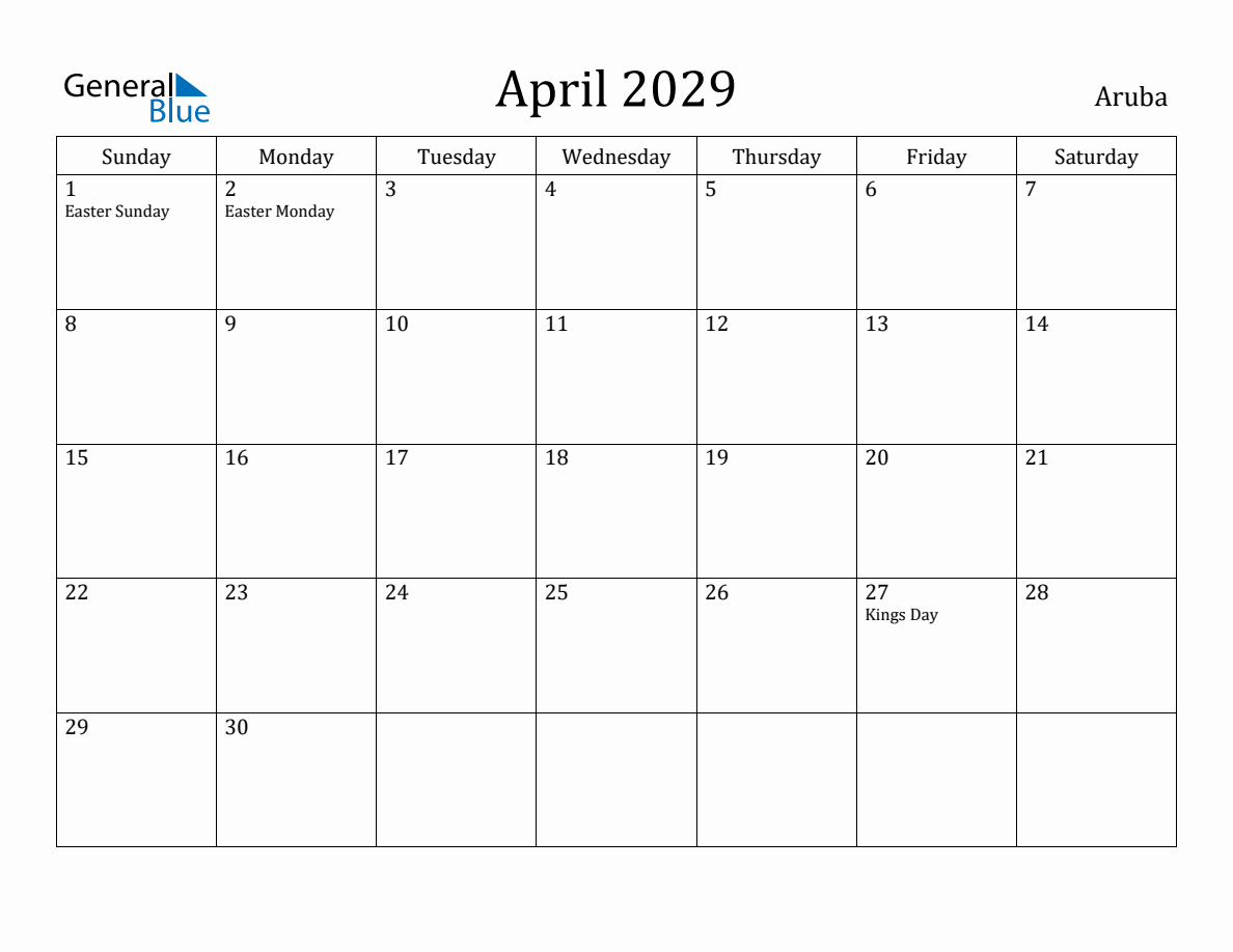 April 2029 Monthly Calendar with Aruba Holidays