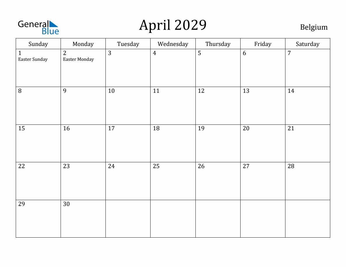 April 2029 Monthly Calendar with Belgium Holidays
