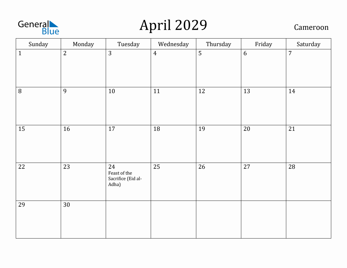 April 2029 Monthly Calendar with Cameroon Holidays