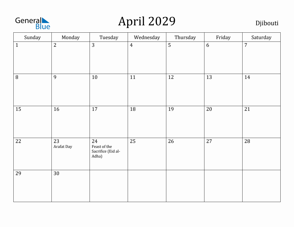 April 2029 Monthly Calendar with Djibouti Holidays