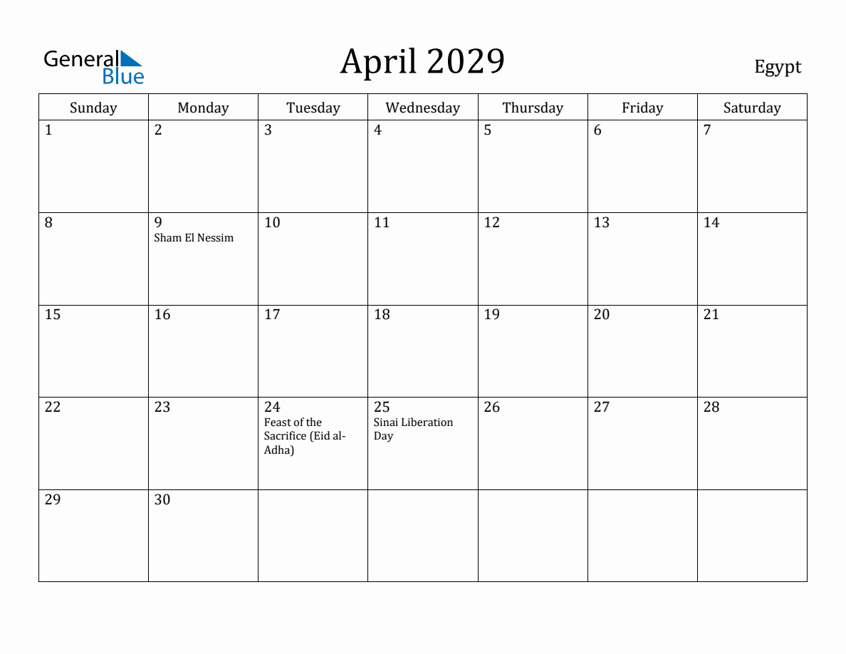 April 2029 Monthly Calendar with Egypt Holidays
