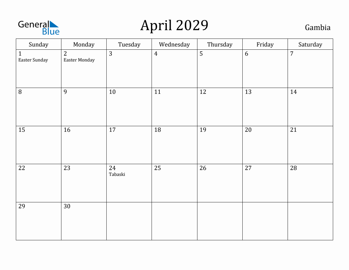 April 2029 Monthly Calendar with Gambia Holidays