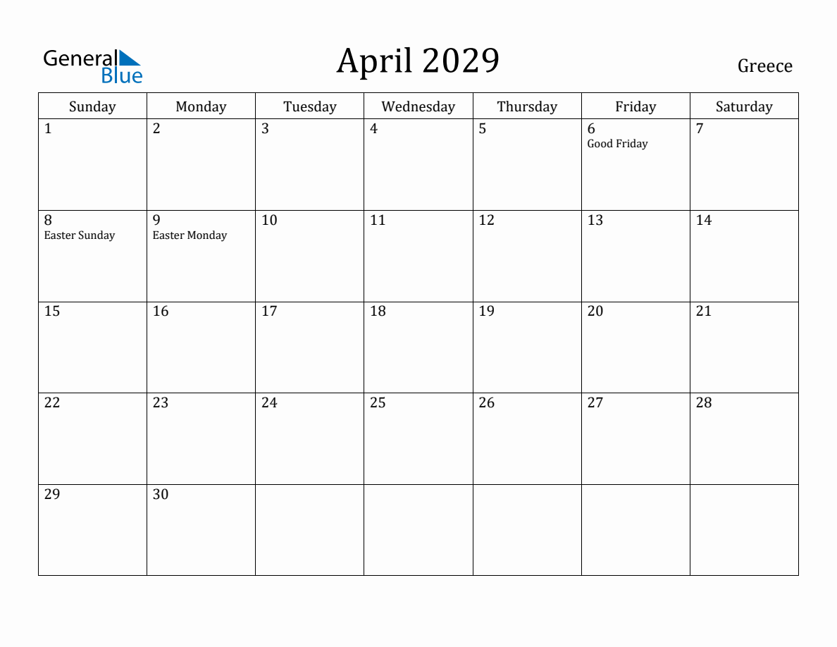 April 2029 Monthly Calendar with Greece Holidays