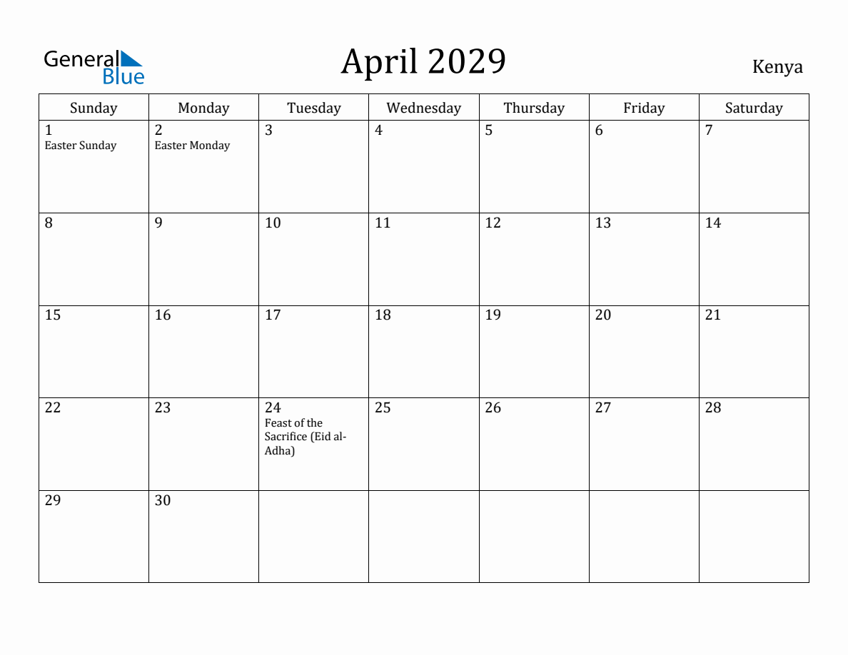 April 2029 Monthly Calendar with Kenya Holidays