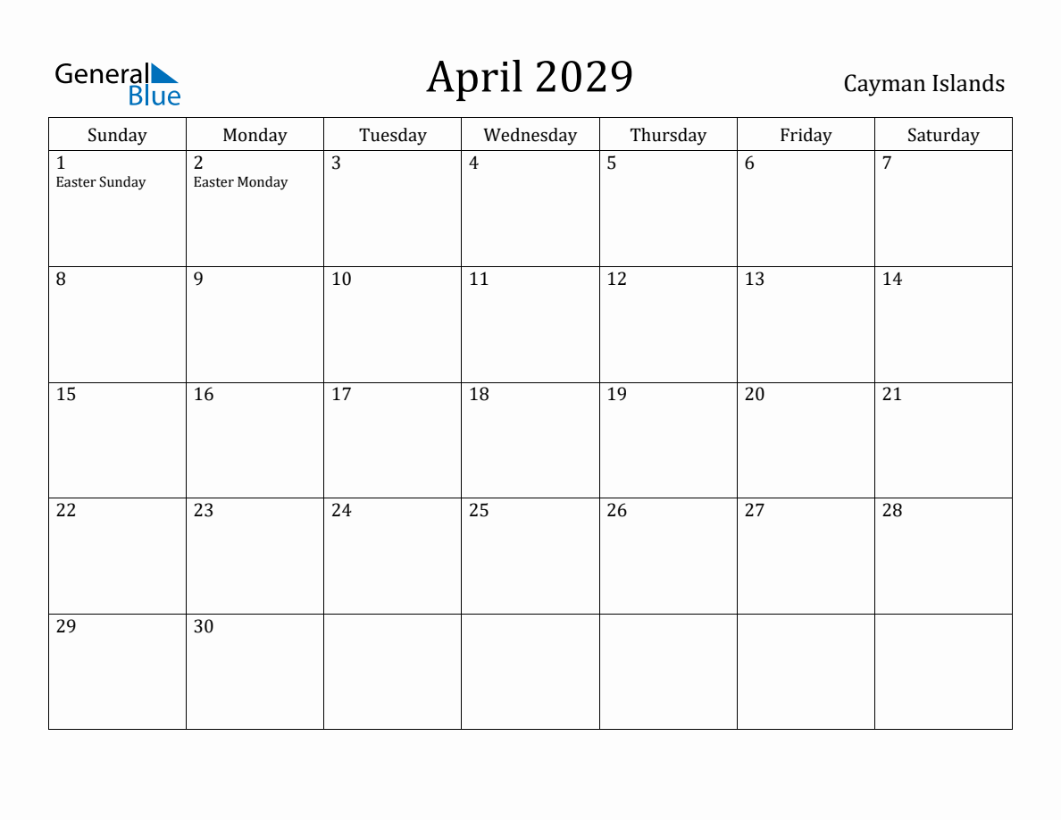 April 2029 Monthly Calendar with Cayman Islands Holidays