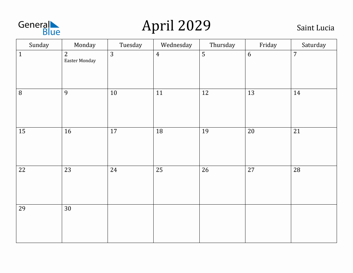 April 2029 Monthly Calendar with Saint Lucia Holidays