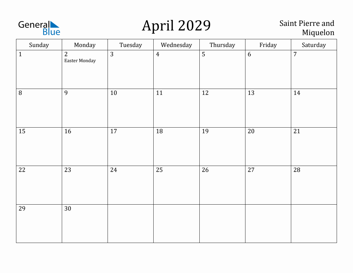 April 2029 Monthly Calendar with Saint Pierre and Miquelon Holidays