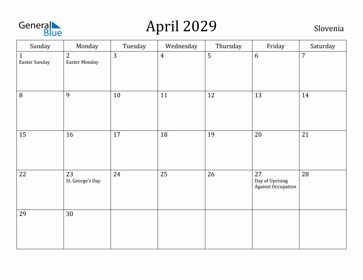 April 2029 Monthly Calendar with Slovenia Holidays