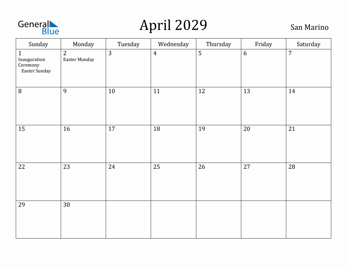 April 2029 Monthly Calendar with San Marino Holidays